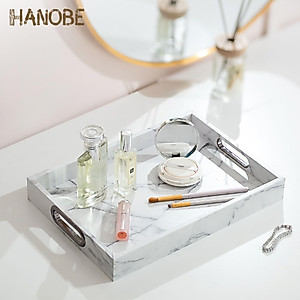 Hanobe Bathroom Vanity Tray Decorative: White Faux Marble Perfume Trays with Black Handles Rectangle Modern Table Decor for Dresser Counter