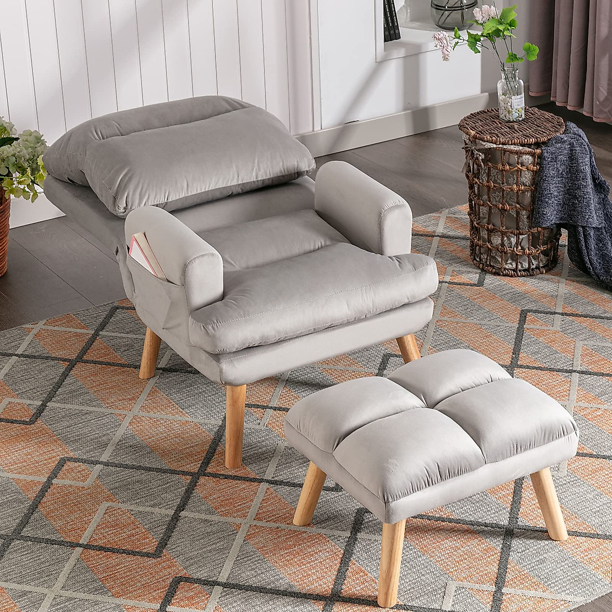 CANMOV Modern Accent Chair with Ottoman, Soft Fabric Armchair with Adjustable Backrest and Side Pockets, Comfy Lounge Chair for Living Room, Bedroom, Apartment, Office, Grey
