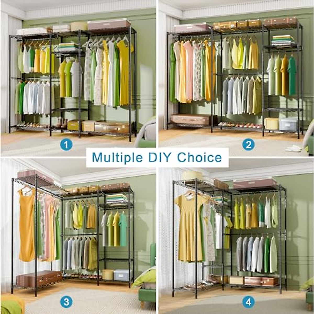 Ulif L2 Heavy Duty L-Shaped Garment Rack, 5-Tier Freestanding Clothes Rack with Shelves, Closet Organizer Storage System for Corner and Small Bedroom, 44"W x 43.3"L x 77.6"H, Max Load 802 LBS, Black