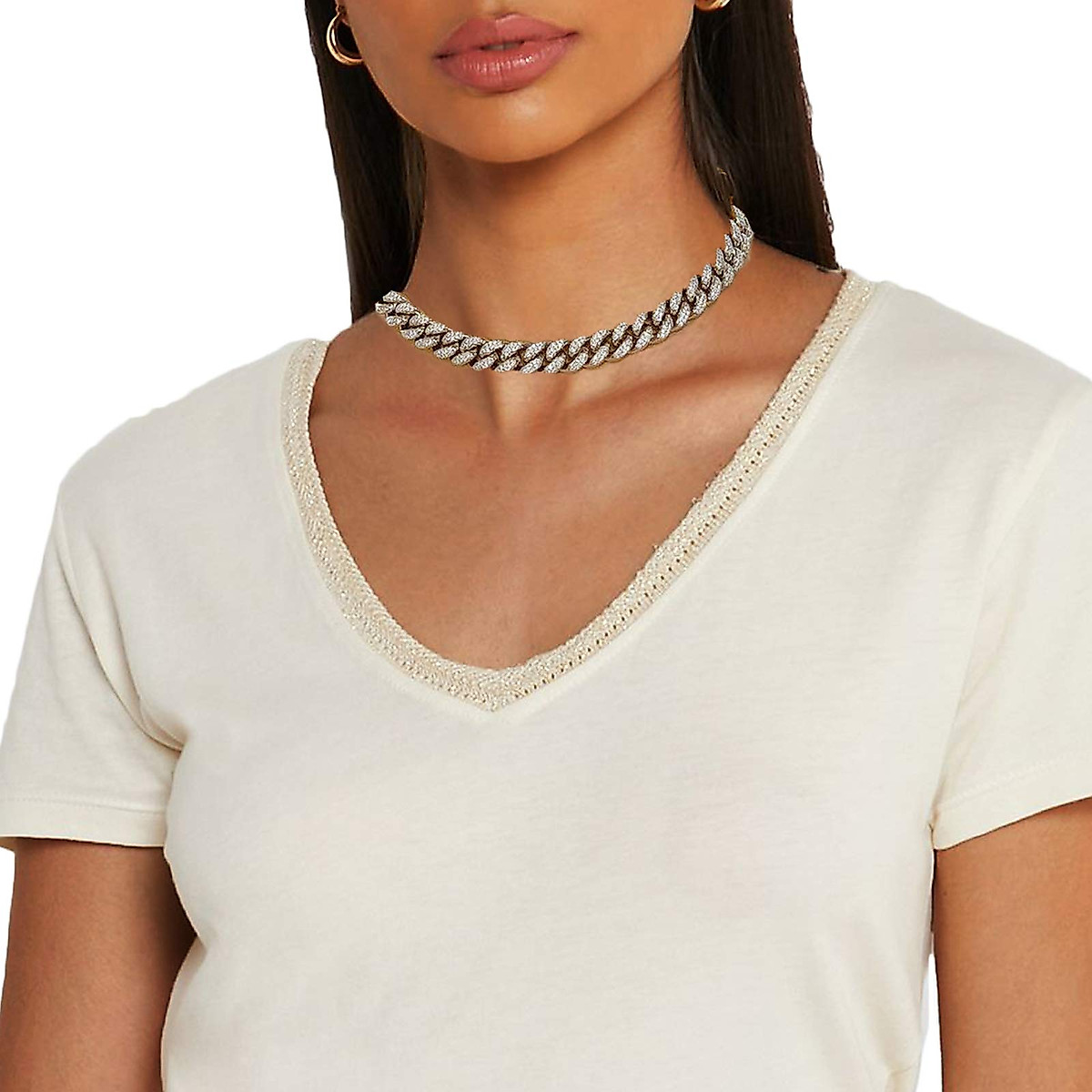 Halukakah Diamond Cuban Link Chain for Women 13.5MM Platinum White Gold Finish Choker Necklace 16",Full Cz Diamond Cut Prong Set,with Giftbox