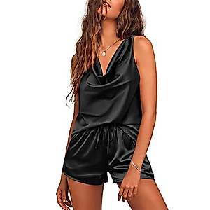 Ekouaer Satin Pajama Set Sleeveless Pajamas for Women Silk Soft Sleepwear 2 Piece Shorts Set Loungewear Black