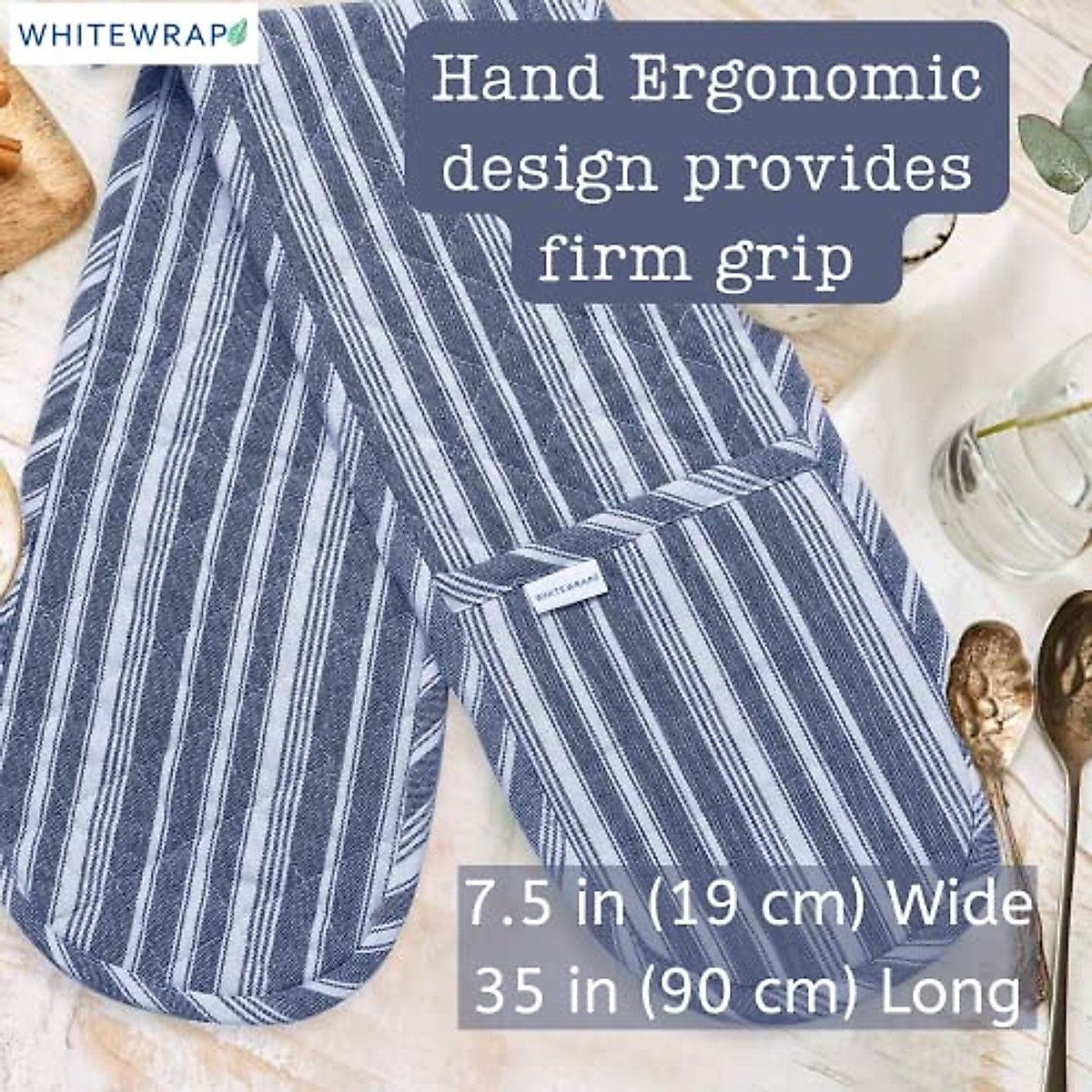 WHITEWRAP Quilted Double Oven Mitt |35”x7.5”| Heat Resistant Oven Gloves to Protect Hands and Arms| Cooking Gloves | BBQ, Cooking, Baking, Grilling, Microwave | Handling Hot Pots and Pans |2-Pack Blue