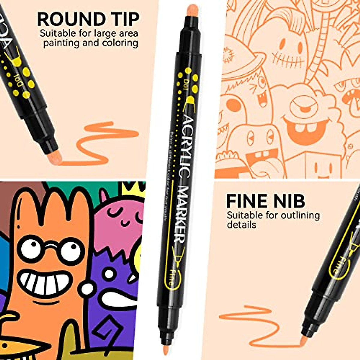 Tesquio 24 Colors Paint Markers Paint Pens, Dual Tip Acrylic Paint Pens, Ideal for Wood, Rock Painting, Canvas, Stone, Glass, Ceramic, DIY Crafts Making Art Supplies