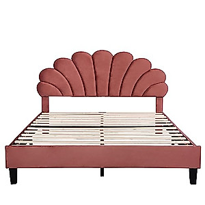 DNYN Upholstered Queen Size Platform Bed for Kids,Adults Bedroom,Velvet Fabric Bedframe with Flower Pattern Headboard & 12 Wood Slat Support,Weight Capacity 660 LBS,No Box Spring Needed, Red
