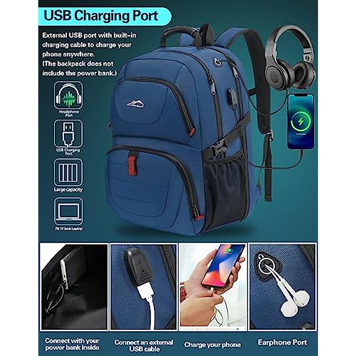 ProEtrade Travel Backpack, Extra Large Laptop Backpack School Business Anti Theft TSA Approved College Work Computer Bag Fits 17 Inch Laptop with USB Charging Port Bookbag for Women Men(Blue)
