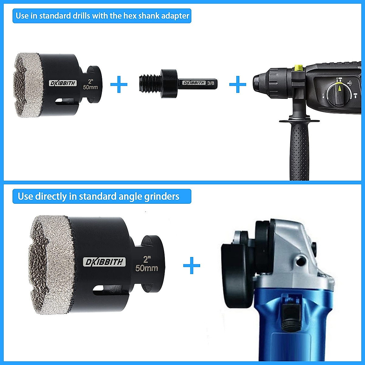 DKIBBITH 7 Packs Diamond Core Drill Bits, Angle Grinder Hole Saw for Porcelain Tile Granite Brick Concrete with 5/8-11 Thread Hex Shank Adapter, Size 3/4'' 1'' 1-1/4'' 1-3/8'' 1-1/2'' & 2'', Black