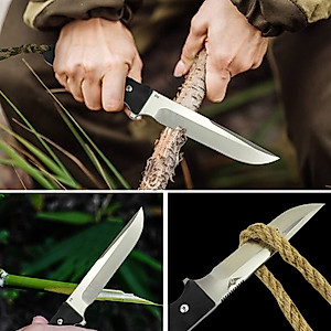 KOMWERO Fixed Blade Knife with Leather Sheath, D2 Steel Full Tang Hunting Knife, Non-Slip G10 Handle, EDC Survival Camping Knife for Outdoor Fishing Hiking