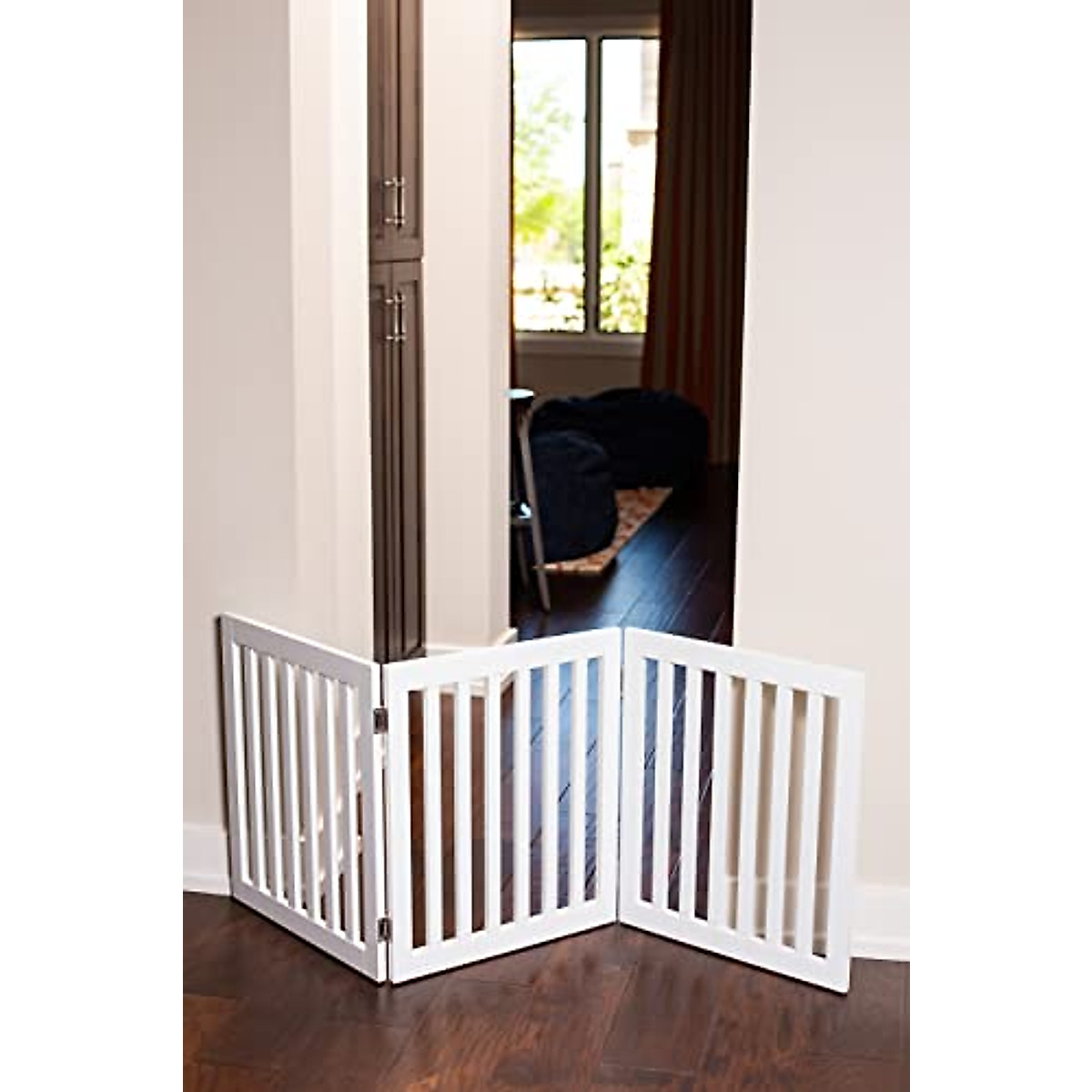 Internet's Best Traditional Dog Gate for The Home, Doorway, Stairs | 3 Panel | 24in H x 60in W | Small or Older Dogs, Puppies, Cat | Free Standing | Indoor Folding Pet Barrier | Wooden MDF | White