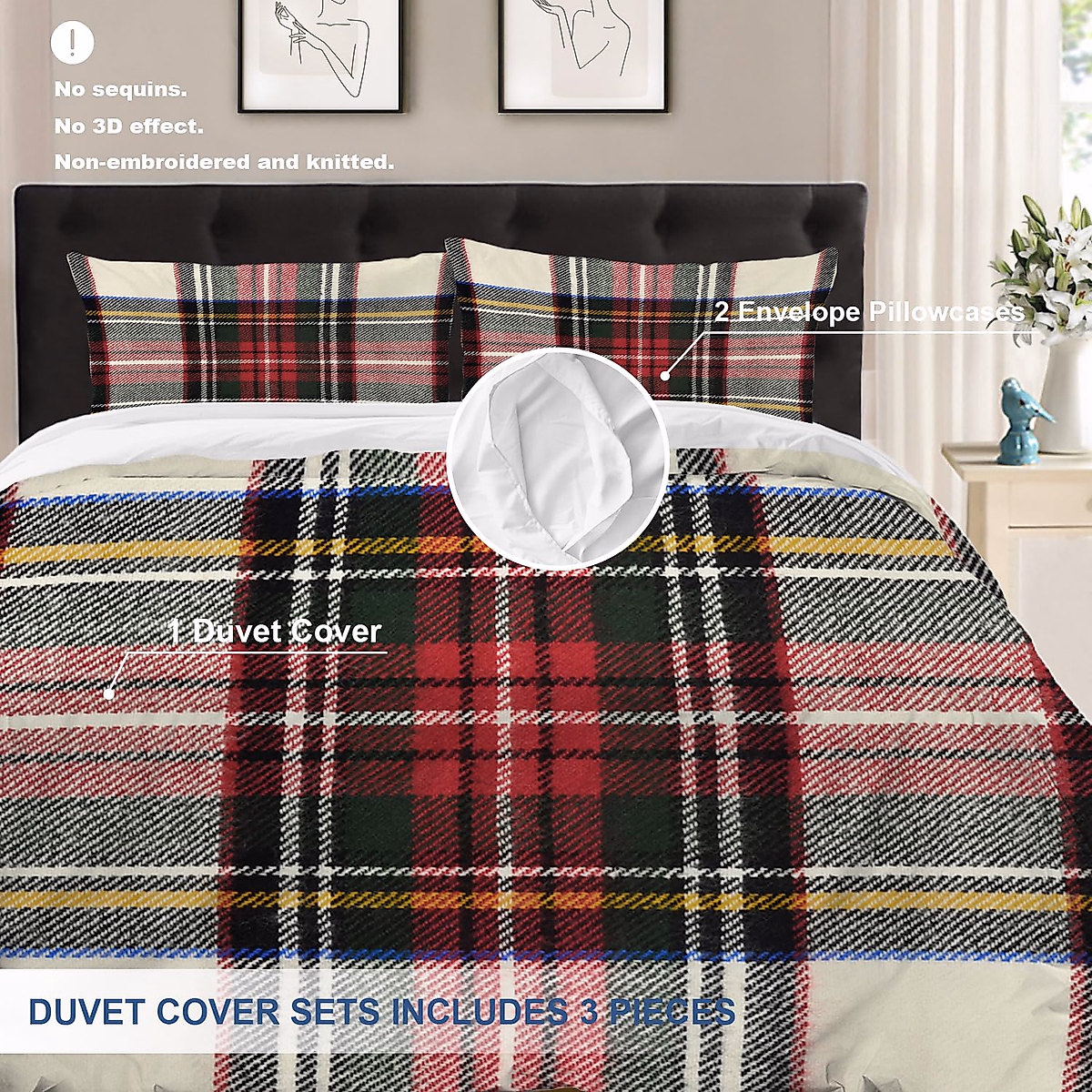 Batmerry Scottish Tartan King Size 3 Pieces Bedding Comforter Sets,Soft Fluffy Square Green Wool Plaid Pattern Printed PolyesterDuvet Cover for All Season