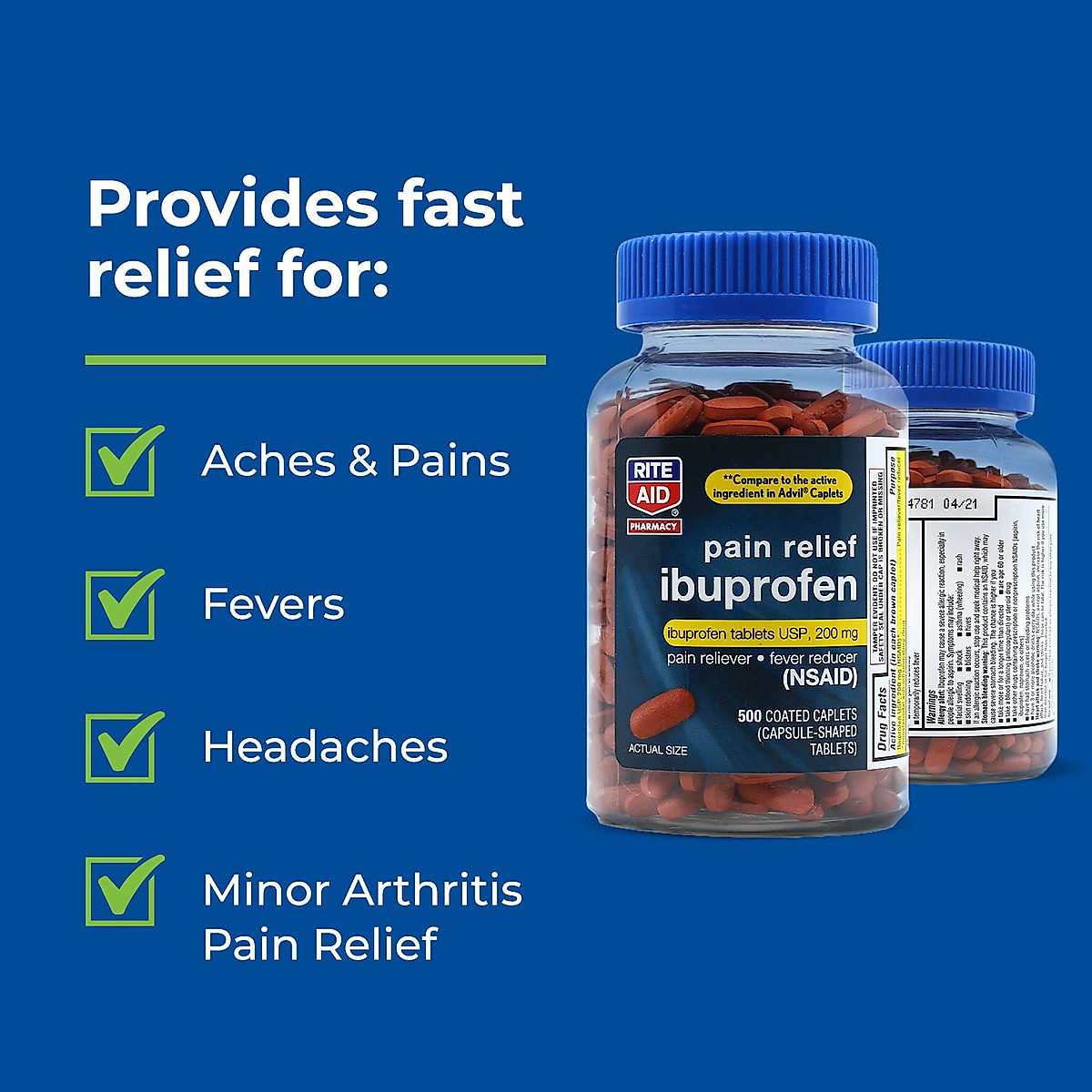 Rite Aid Pharmacy Ibuprofen 200 mg - 500 Coated Brown Caplets - Pain Reliever and Fever Reducer - Migraine Relief - Back Pain Relief - Arthritis Pain Relief Pills - Pain Killer