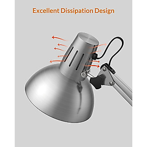 LEPOWER Metal Desk Lamp, Adjustable Goose Neck Architect Table Lamp with On/Off Switch, Swing Arm Desk Lamp with Clamp, Eye-Caring Reading Lamp for Bedroom, Study Room &Office (Silver)