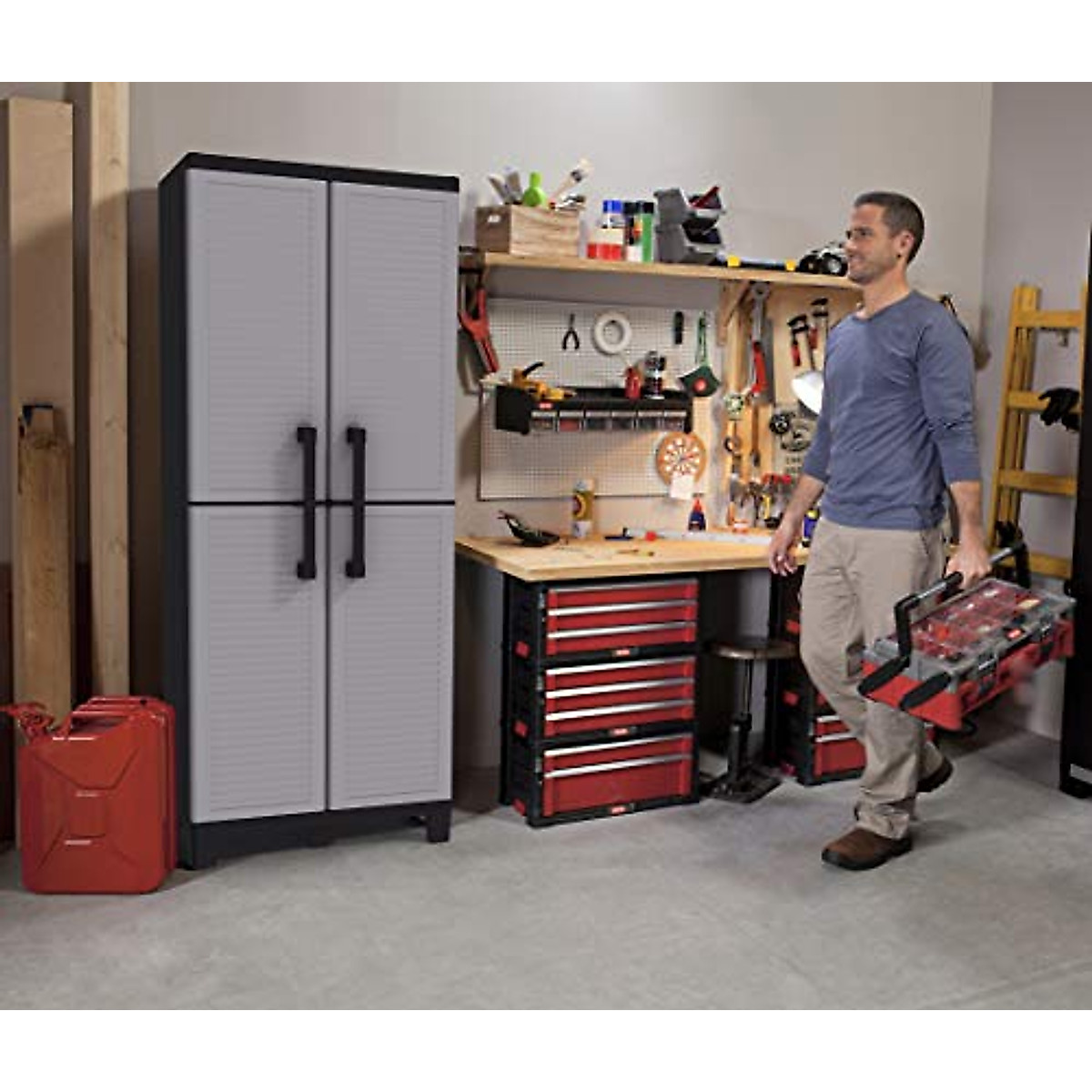 Keter Space Winner Resin Garage Storage Cabinet with Doors and Shelves - Perfect for Garage and Basement Organization