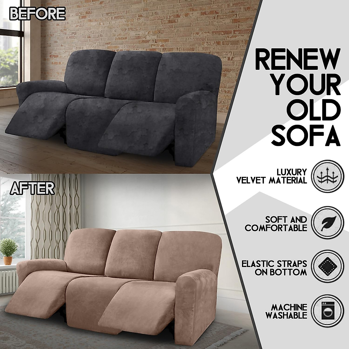 ULTICOR Velvet 8-Pieces Recliner Sofa Covers Stretch Reclining Couch Covers for 3 Cushion Reclining Sofa Slipcovers Furniture Covers Thick Soft Washable (3 Seater Recliner Cover, Sand)