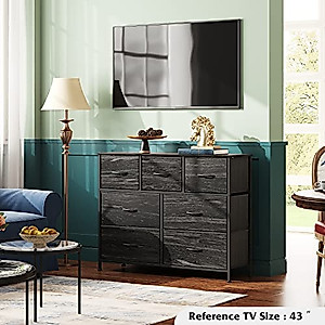 WLIVE Dresser TV Stand, Entertainment Center with Fabric Drawers, Media Console Table with Metal Frame and Wood Top for TV up to 45 inch, Chest of Drawers for Bedroom, Charcoal Black Wood Grain Print