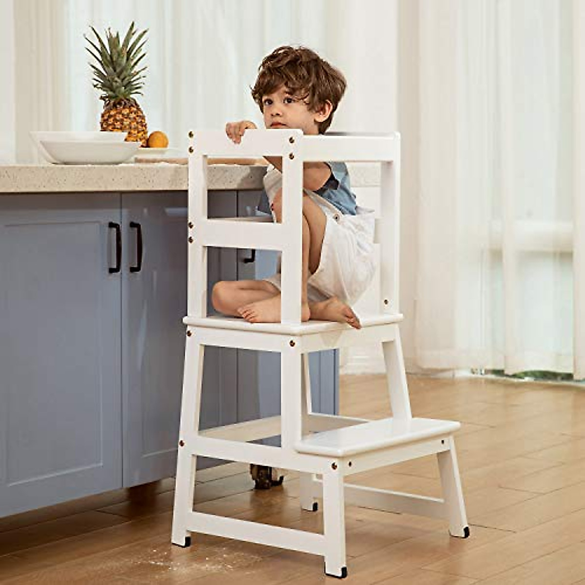 DuDuEase Kitchen Step Stool for Kids and Toddlers with Safety Rail Children Standing Tower for Kitchen Counter, Parents' Helper Kids Learning Stool, White