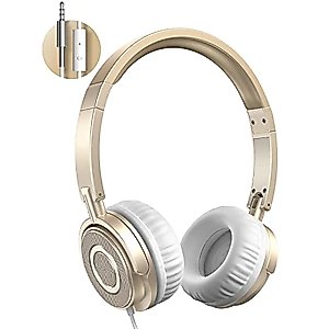 Nasuque Wired Headphones with Microphone, Portable Foldable Headsets with Stereo Bass, Noise Isolating and Adjustable Headband for Home Office Travel (Gold)