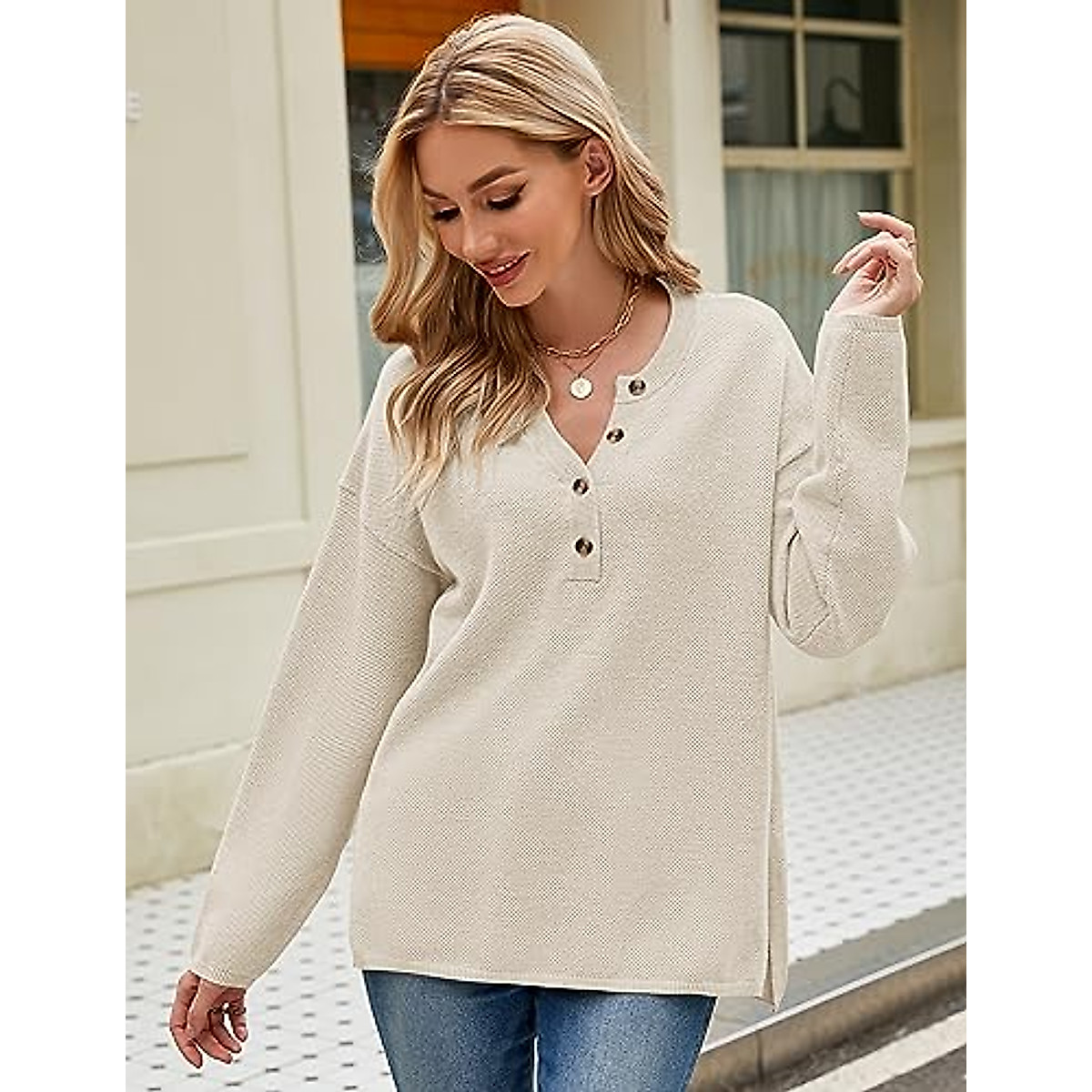 KTILG Pullover Sweaters for Women Oversized Sweater Side Slit Long Sleeve Loose V Neck Button Henley Tops Pullover Knit Jumper Beige, M