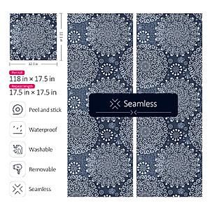 ReWallpaper Peel and Stick Wallpaper Boho Blue Bohemian Mural Wallpaper Stick & Peel Contact Paper for Walls 17.5in x 10ft Large Navy Floral Wall Paper Roll for Bedroom Bathroom Nursery Aesthetic