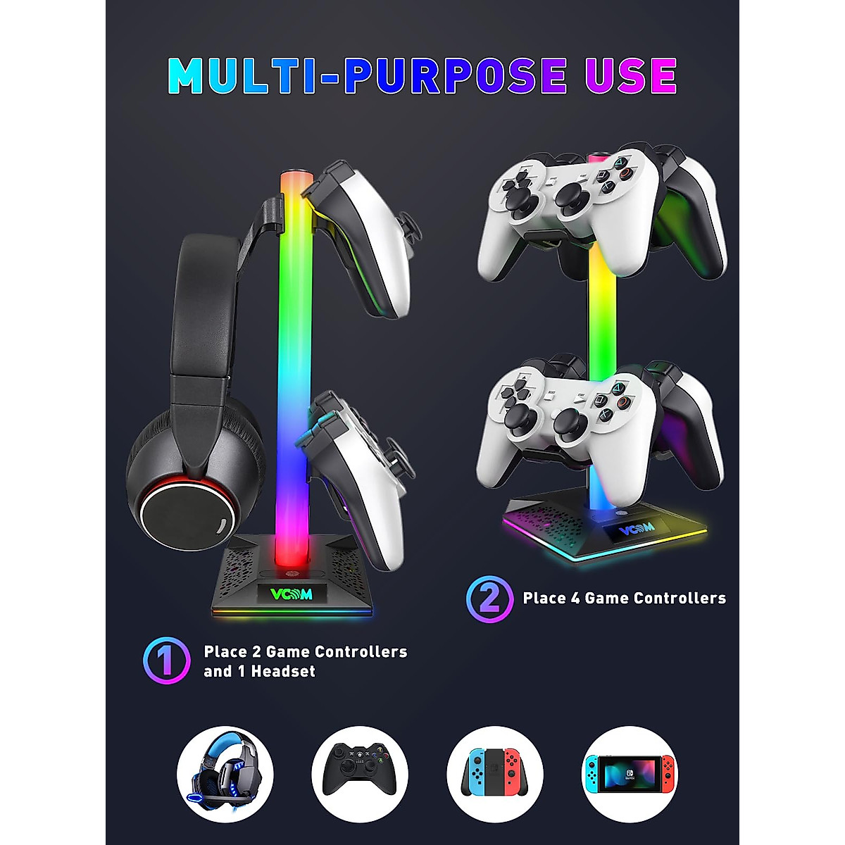 V VCOM RGB Gaming Headphones Stand with 2 USB Ports Headset Stand with 10 Light Modes and Non-Slip Rubber, Suitable for All Earphone Accessories, Best Gift for Husband, Kids, Boyfriend