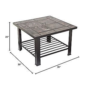 Pure Garden 588189TMQ 30" Fire Set, Wood Burning Pit-Includes Screen, Cover and Log Poker-for Outdoor and Patio, 30 inch Square Marble Tile Firepit, Black