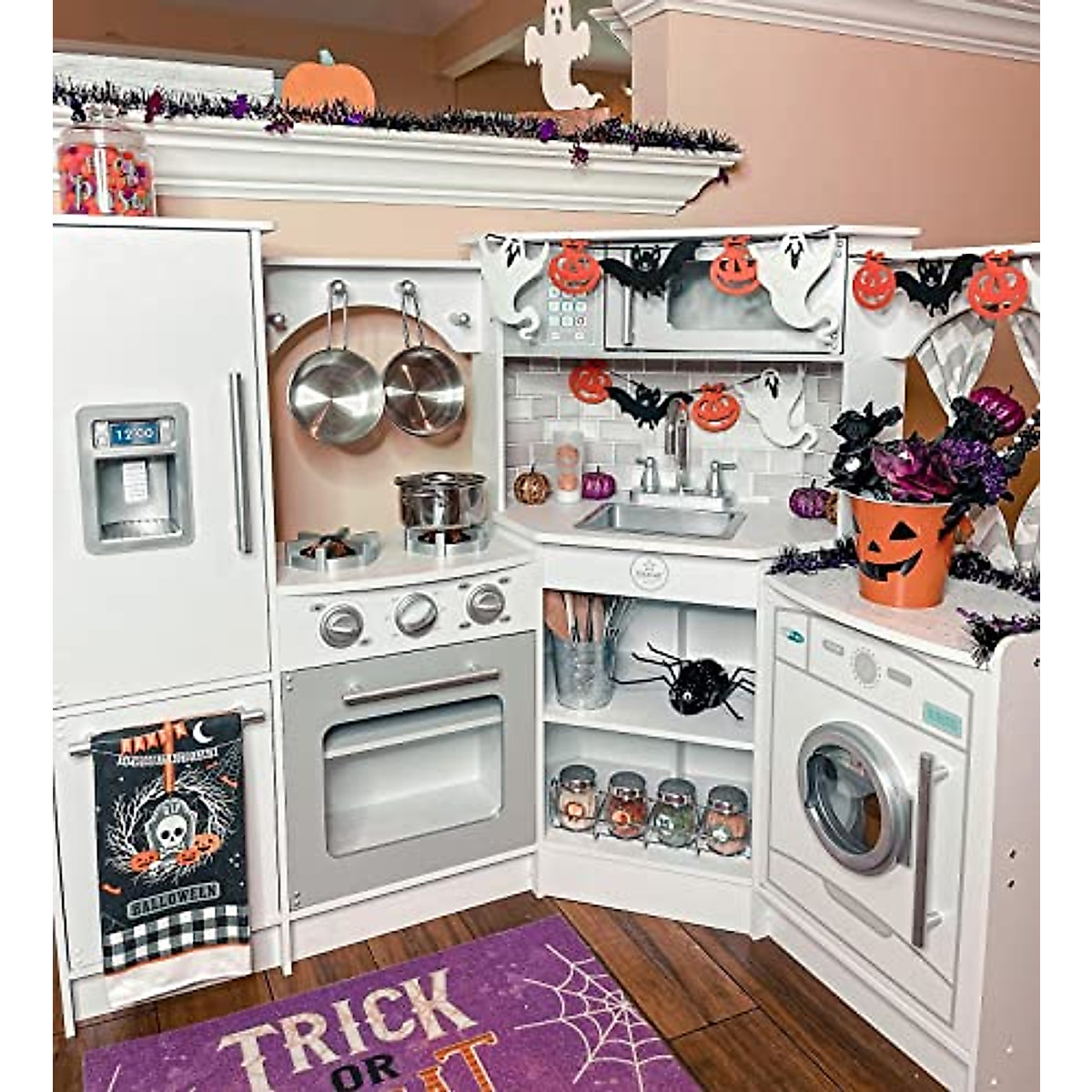 KidKraft Ultimate Corner Wooden Play Kitchen with Lights & Sounds, Play Phone and Curtains, White