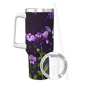 HULIBIN Blooming Purple Flowers Print Double Deck Stainless Steel Travel Coffee Cup With Lid 40 Oz Ice Bully Cup