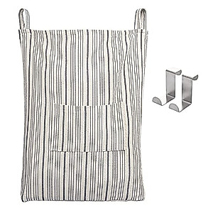 AELS Farmhouse Hanging Laundry Hamper with 2 Hooks, Washable Beige & Stripes Linen Laundry Bag with Zipper & Wide Open Top, Over the Door Organizer for Dirty Clothes, Space Saving Storage