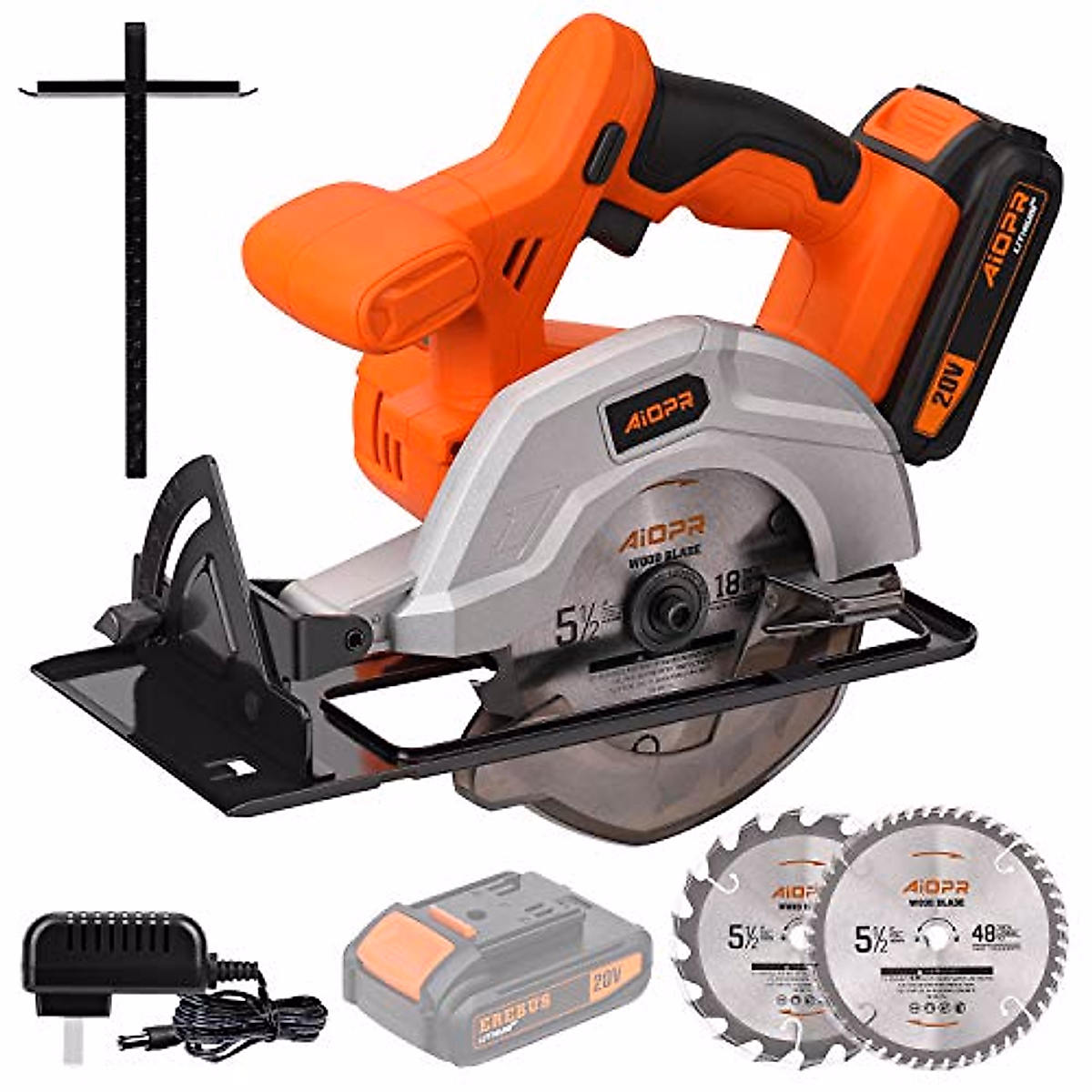 AIOPR 20V 5-1/2" Cordless Circular Saw with Rip Guide and 2 Blades (97623)