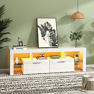 Clikuutory Modern LED 63 inch Long TV Stand with Large Storage Drawer for 50 55 60 65 70 75 Inch TVs, White Wood TV Console with High Glossy Entertainment Center for Living Room, Bedroom, White