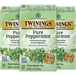 Twinings Pure Peppermint Tea - Refreshing Mint Tea, Naturally Caffeine-Free Herbal Tea Bags Individually Wrapped, 20 Count (Pack of 3)