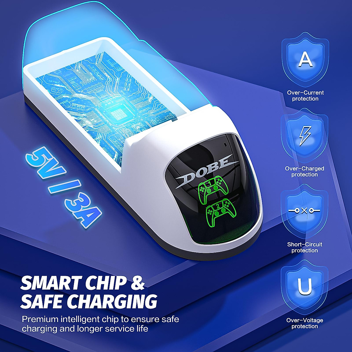 PS5 DualSense Controller Charger, PS5 Controller Charger Station with 5V 3A AC Adapter, Playstation 5 Charging Station Dock with LED Indicator, Safety Chip Protection, Dual USB Type C Fast Charging