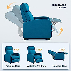 Topeakmart Fabric Recliner Sofa Push Back Recliner Chair Adjustable Modern Single Reclining Chair Upholstered Sofa with Pocket Spring Living Room Bedroom Home Theater Blue