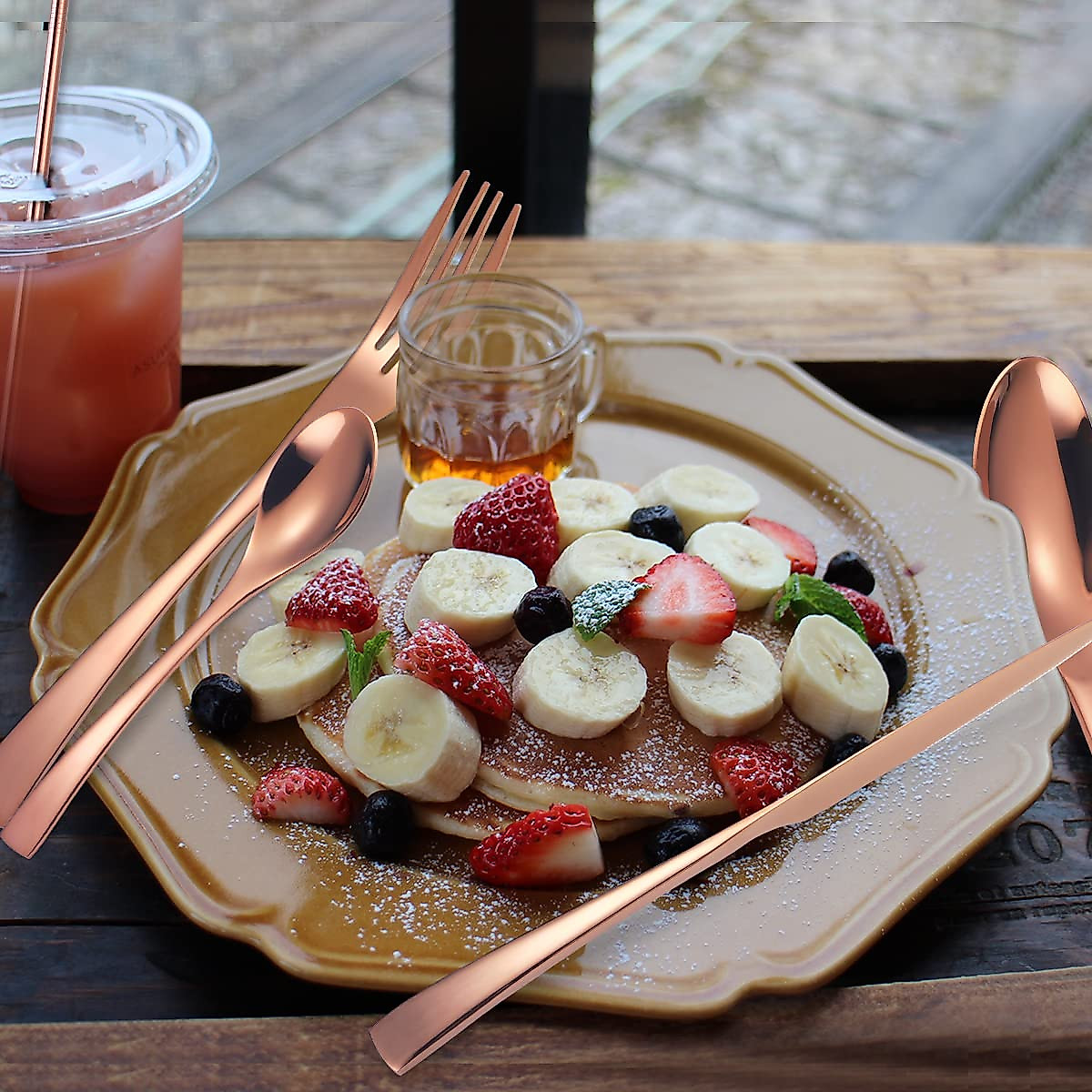 MURRI&MURRDI 7 Pieces Reusable Utensils Set with Case Portable Cutlery Set Stainless Steel Travel Utensils Including Knife Fork Spoon Chopsticks Straws Brush,Dishwasher Safe(7 Rose golden)