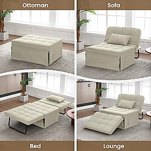 Fiona's magic Sofa Bed, 4 in 1 Multi-Function Convertible Ottoman, Modern Breathable Linen Folding Couch Bed with Adjustable Backrest and Storage Bag for Living Room Apartment Office, Beige
