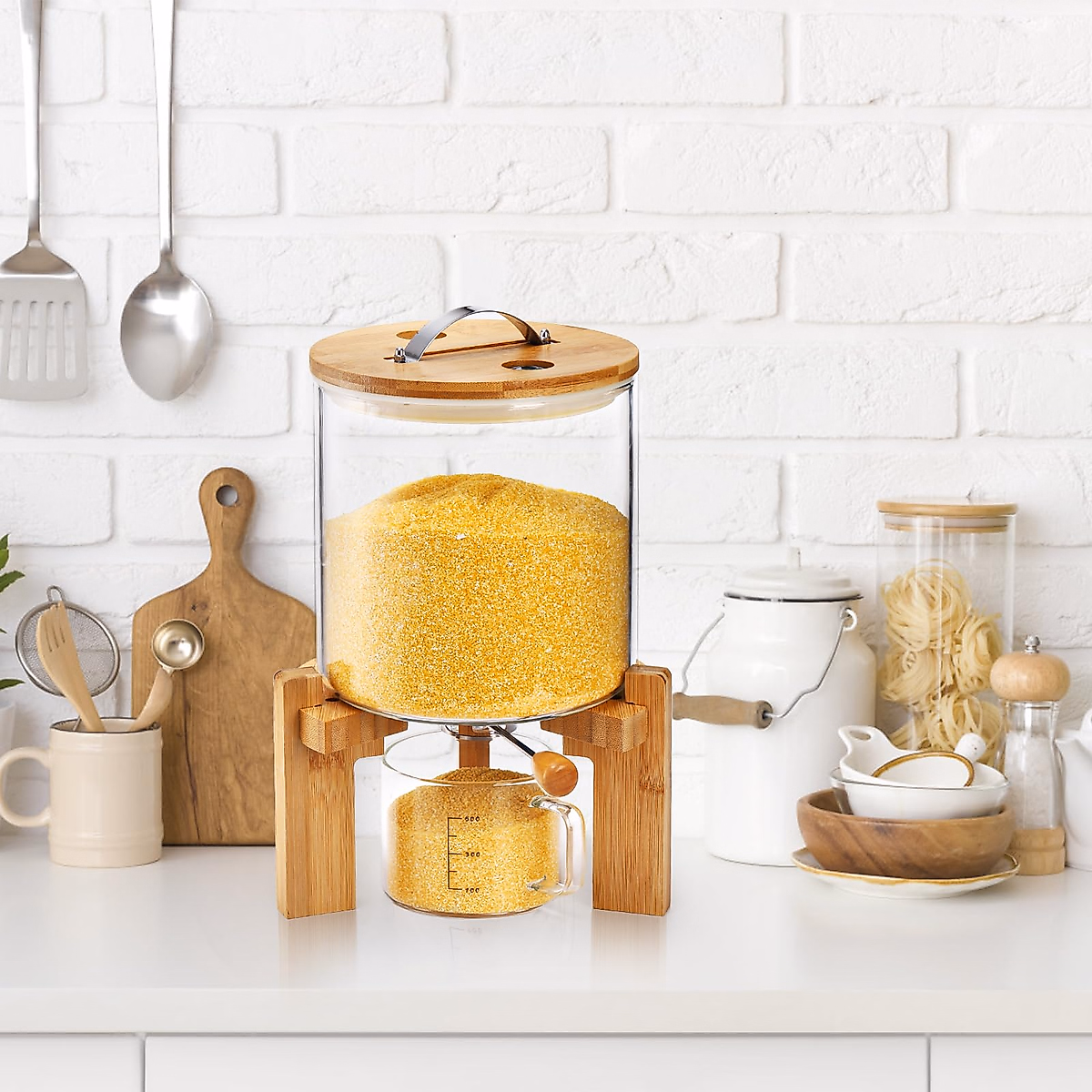 Tlence 5L Glass Rice Dispenser, Cereal Container with Bamboo Stand, Large Airtight Food Storage Bin, Rice Organization Tank with Measuring Cup for Grain Coffee Beans Dry Food