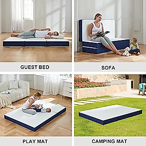 Molblly Tri Folding Mattress, 3 inch Memory Foam Mattress Topper with Breathable & Washable Cover for Guest Bed, Camping, Queen Size - 58"x 78"x 3"