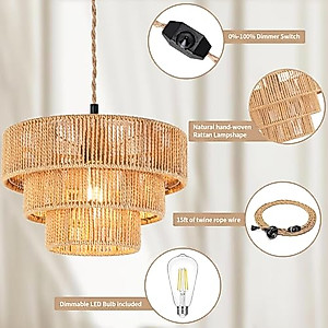 QIYIZM Plug in Pendant Light Boho Hanging Lights with Plug in Cord Rattan Hanging Lamp Dimmable Wicker Bamboo Woven Lamp Shade Hemp Rope Plug in Ceiling Light Fixture for Living Room Bedroom Kitchen