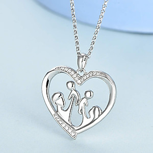 JO WISDOM Women Mum Heart Necklace,925 Sterling Silver Mother Daughter/Son 2 Kids Father Family AAA Cubic Zirconia Pendant Necklace,Gift for Mum
