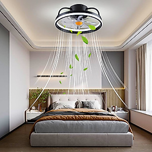 Mpayel Flush Mount Ceiling Fans with Lights and Remote Control，Modern Enclosed Bladeless,15'' Low Profile Ceiling Fan with Stepless Dimming Lighting Fixture for Bedroom Kitchen（Black）……