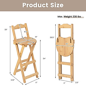 COSTWAY Folding Bamboo Bar Stools Set of 2, 24-inch Kitchen Counter Height Stools with Backrest and Footrest, Portable Bar Chairs for Home Kitchen Island Breakfast, No Assembly, Natural
