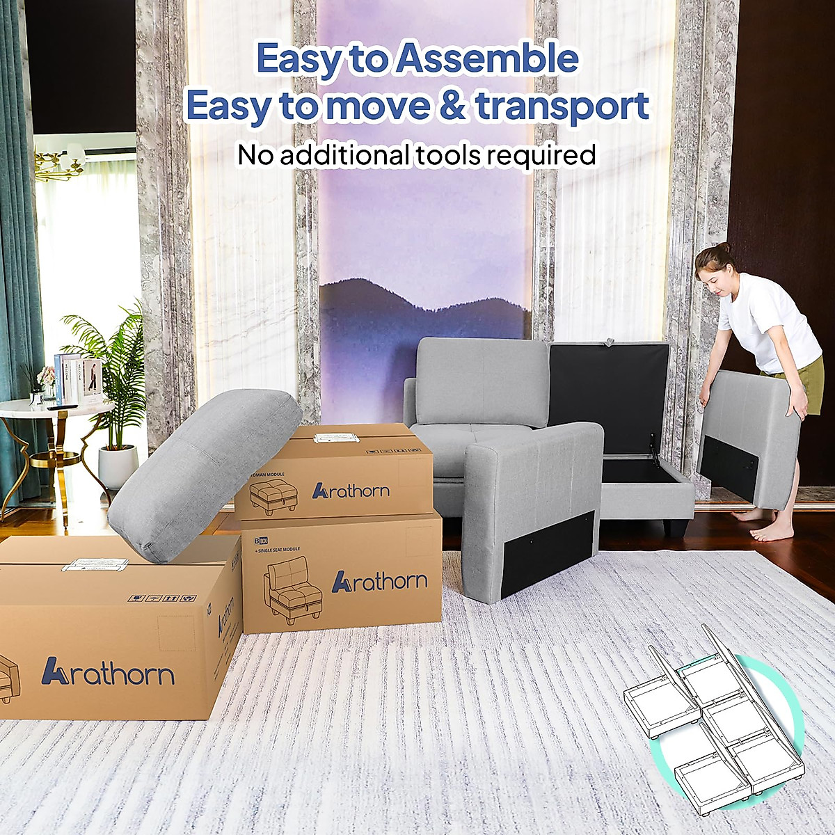 Arathorn Modular Sofa Armrest Module for Modular Sectional Sofa Couch, Pair of Armrest for Living Room Sofa Set, Grey