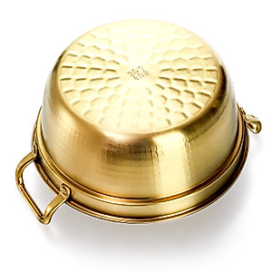 DEAYOU Korean Ramen Pot, 9" Stainless Steel Ramen Cooking Pot with Double Handle and Silicone Handle Covers, Small Korea Noodle Pot Fast Heating for Soup, Sauce, Pasta, Egg, Golden, 2 QT