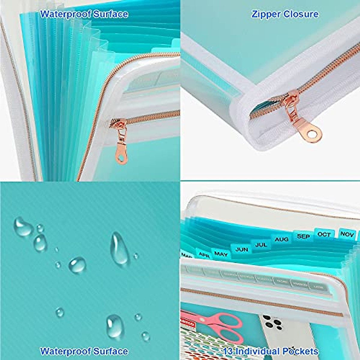 CCidea Expanding File Folder with 13 Pocket, Zipper Closure Accordion Document Organizer,Letter A4 Paper Document Accordion Folder（Green）