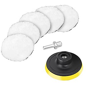 7 PCS 4 Inch Synthetic Wool Polishing Buffing Pad, Polishing Buffing Wheel with Hook & Loop Back for Drill Buffer Attachment with M10 Drill Adapter Car Buffer Polisher Kit for Car Polishing, Waxing
