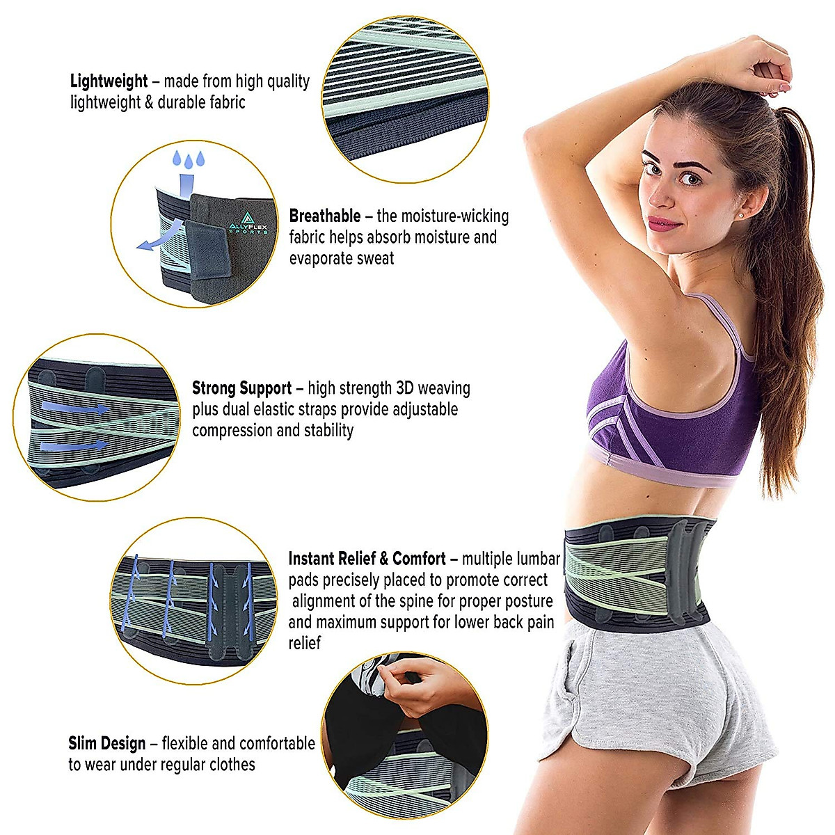 AllyFlex Sports® Lumbar Support - Back Brace For Men & Women Ergonomic Design and Lightweight Breathable Material Provide Back Support and Pain Relief for Waist - XS/S (25.0'' - 31.5'')