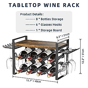 JAFUSI Wine Rack with Glass Holder, Countertop Wine Rack Metal Frame, Wine Holder Stand with Wooden Tray, Bottles Rack for Home Decor Kitchen Storage (Hold 8 Bottles and 4~6 Glasses)