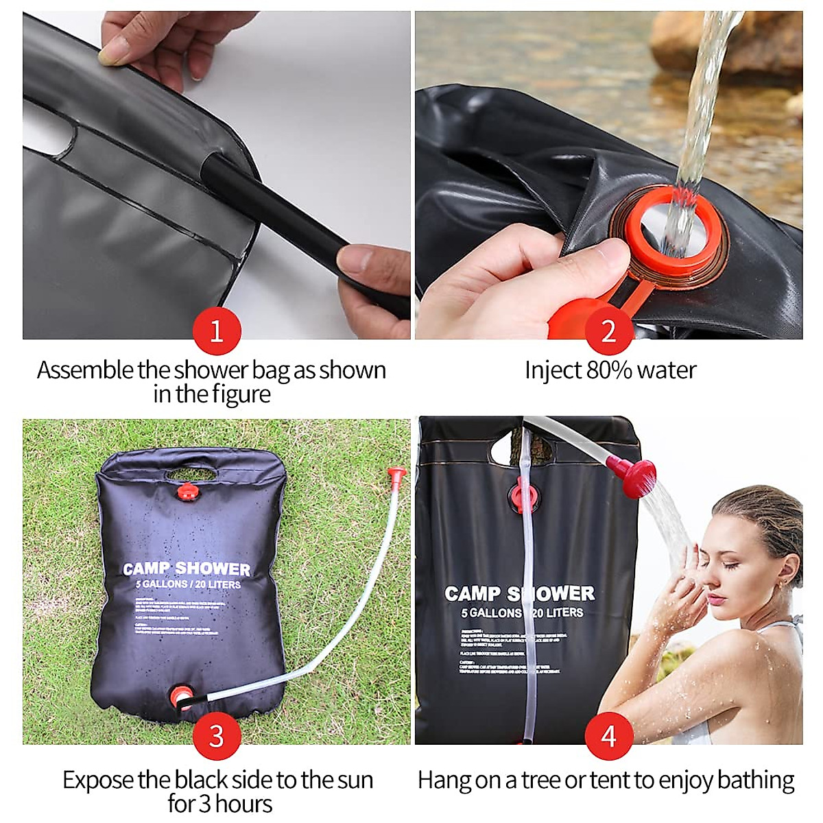 DkOvn 1/2/4 Pack Solar Shower Bag, 5 Gallons/20L Camping Shower Bag, Portable Shower Bag with Removable Hose and On-Off Switchable Shower Head for Camping Beach Swimming Outdoor Traveling(2 Pack)