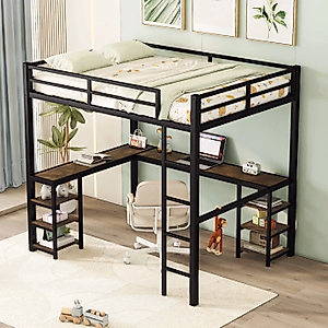 Full Loft Bed with L-shaped Wooden Desk and Storage Shelves, Full Size Loft Bed Frame with Safety Guardrail and Built-in Ladder for Boys Girls Juniors, No Box Spring Needed, Black and Brown