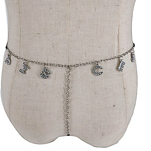 Women Rhinestone 12 Constellation Pendant G-Thong Sexy Pisces Letter Underpants with Waist Chain Belly Chain Panty Body Chain Jewerly