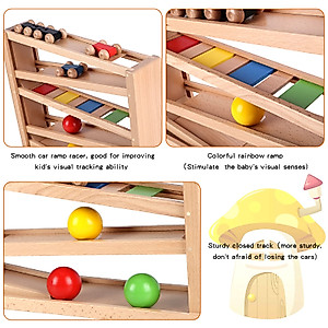 Qilay Wooden Race Track Car Ramp Racer Toy for Toddlers, 5 Level Race Car Ramp Toy Set includes 4 Wood Cars and 3 Balls,Great Building Learning Toys or 3+ Years Old Boy and Girl
